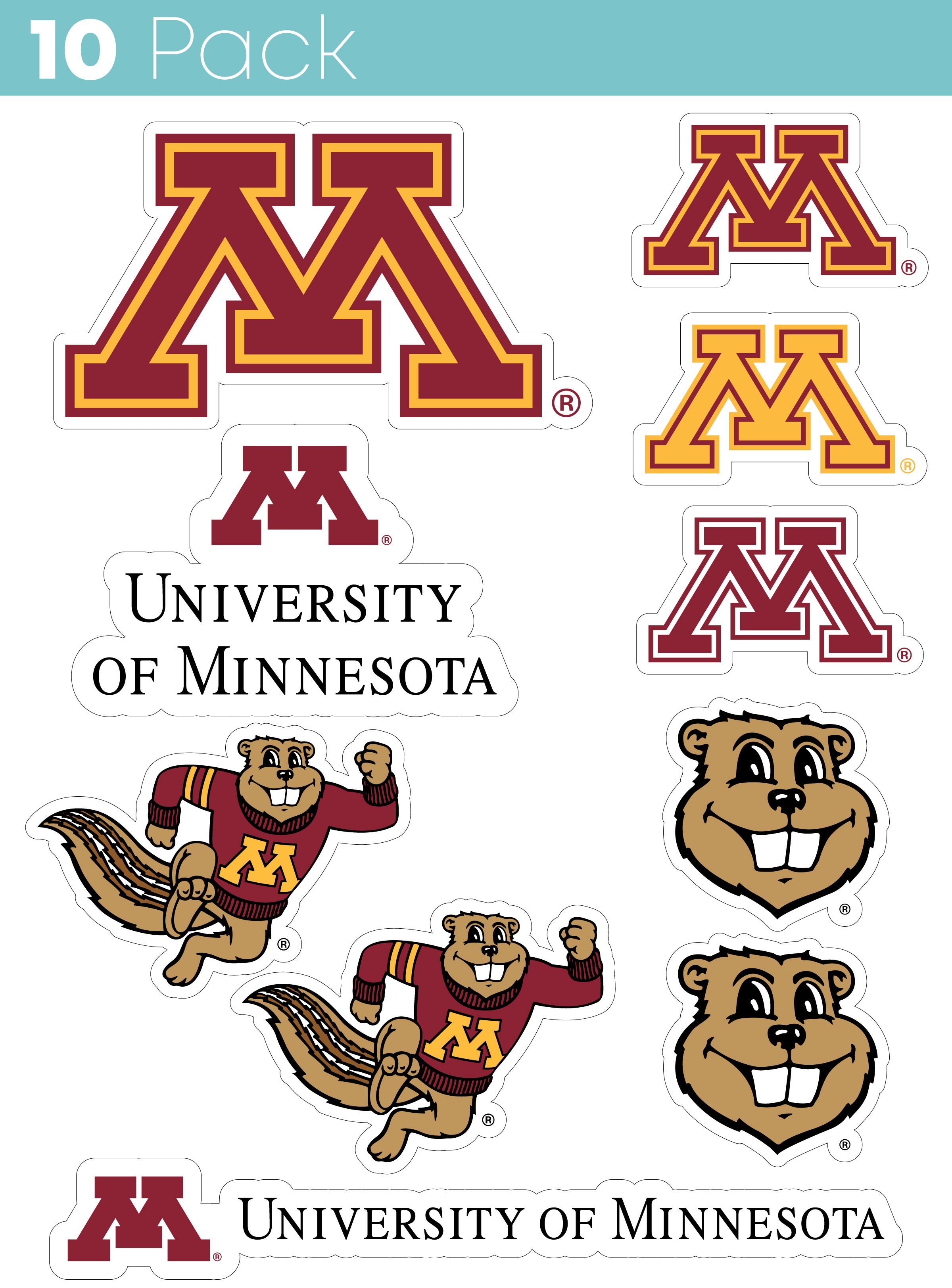 Minnesota Gophers 10-Pack, 4 inches in size on one of its sides NCAA D ...
